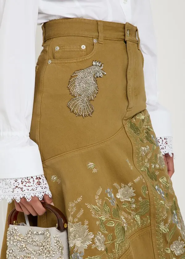 Erdem Embroidered Denim Midi Skirt