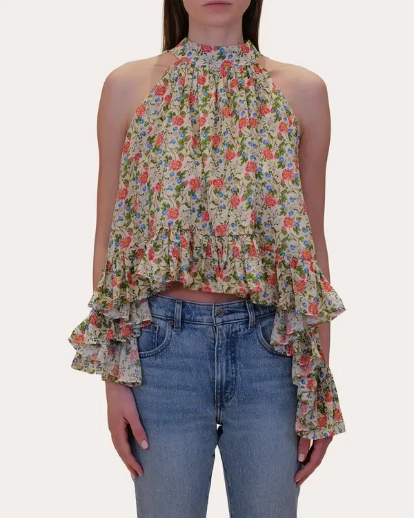 Azeeza Floral Voile Asymmetric Ruffle Halter Top - Multicolor