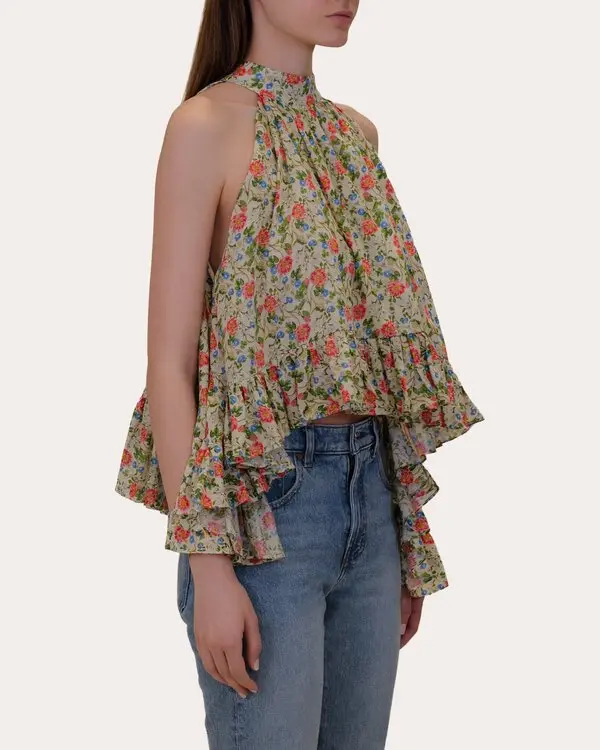 Azeeza Floral Voile Asymmetric Ruffle Halter Top - Multicolor