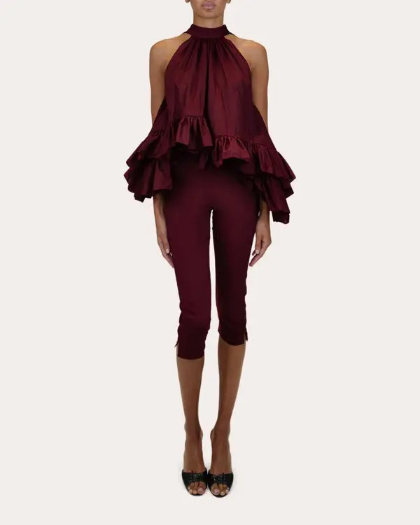 Azeeza Plath Poplin Asymmetric Ruffle Halter Top - Red