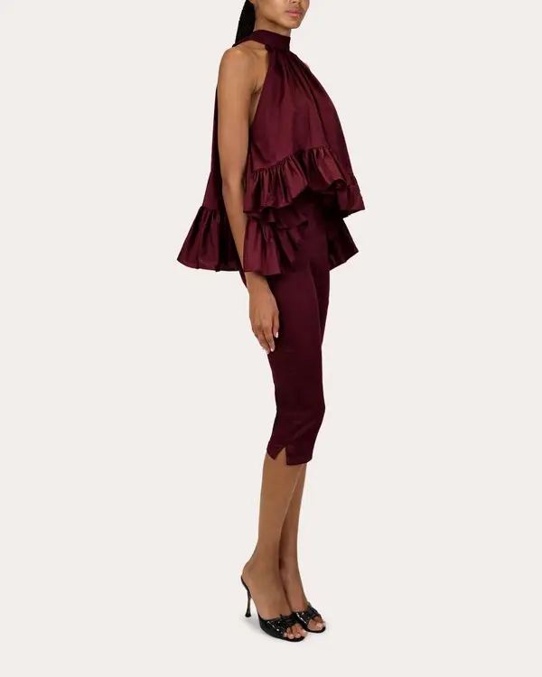 Azeeza Plath Poplin Asymmetric Ruffle Halter Top - Red