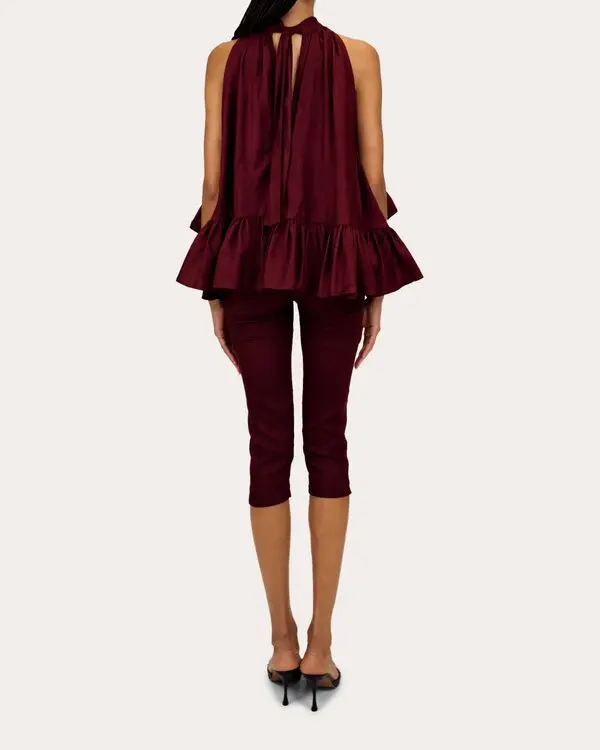 Azeeza Plath Poplin Asymmetric Ruffle Halter Top - Red