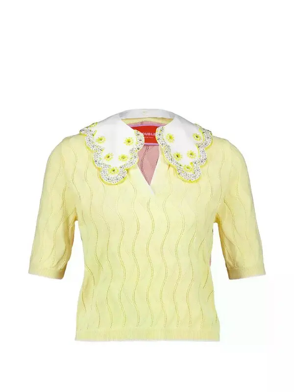 La DoubleJ Pointelle-knit Embroidered-collar T-shirt - Yellow