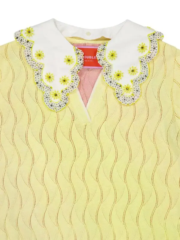La DoubleJ Pointelle-knit T-shirt With Embroidered Collar - Yellow