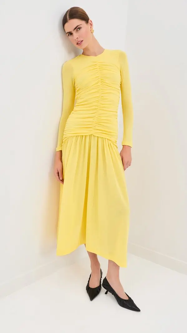 Bite Studios Evidente Dress Ruched Midi Length Cotton Knit - Daffodil
