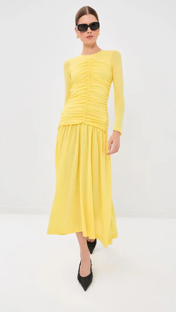 Bite Studios Evidente Dress Ruched Midi Length Cotton Knit - Daffodil