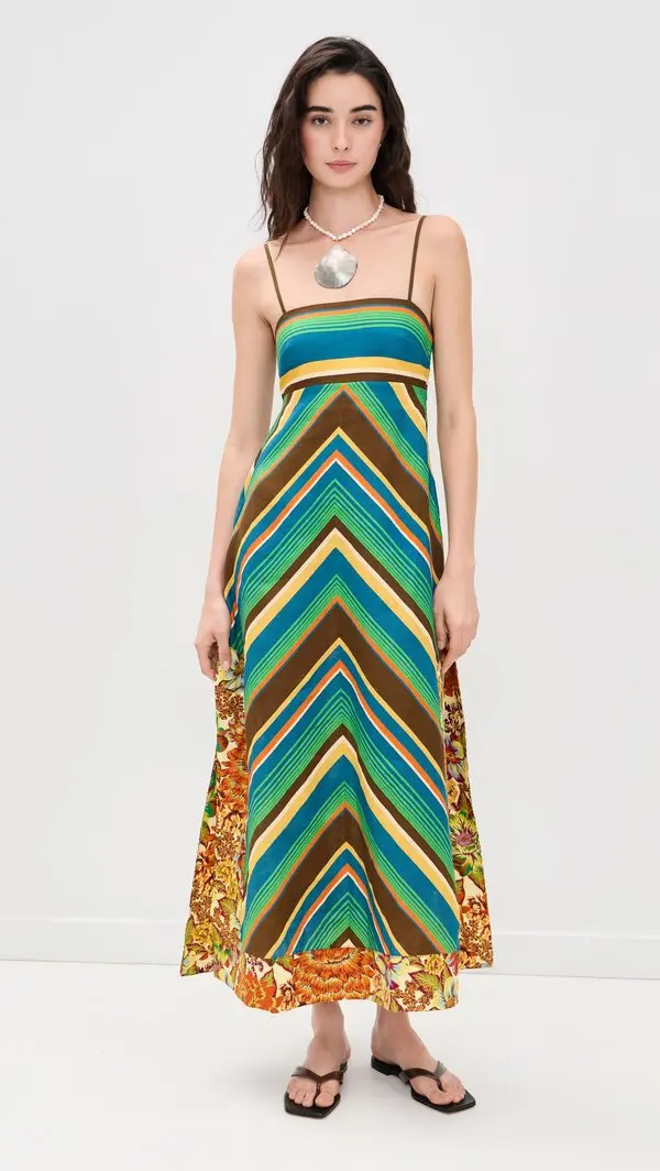 ALEMAIS Charlie Day Dress In Chevron And Floral Print Linen