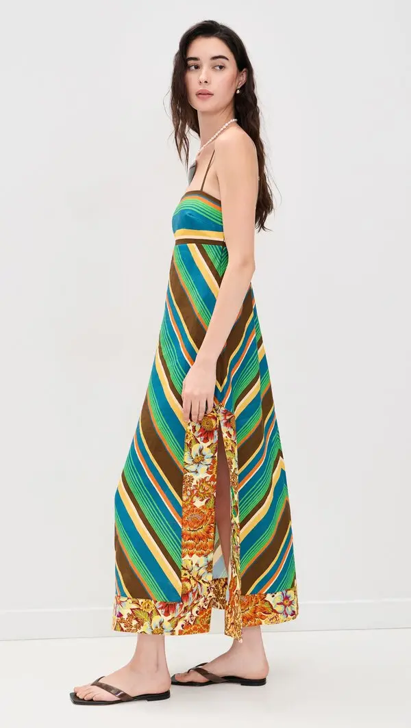 ALEMAIS Charlie Day Dress In Chevron And Floral Print Linen