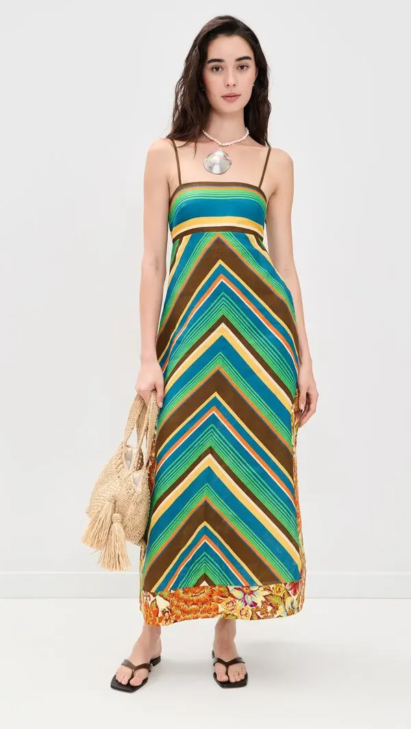 ALEMAIS Charlie Day Dress In Chevron And Floral Print Linen