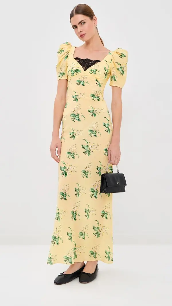 RODARTE Floral Print Silk Crepe Maxi Dress With Lace Trim