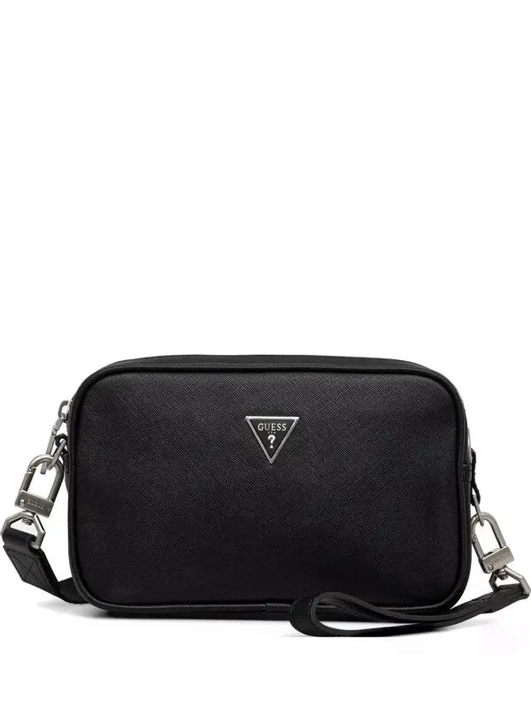 Guess Logo-plaque Cross-hatched Shoulder Bag - Black