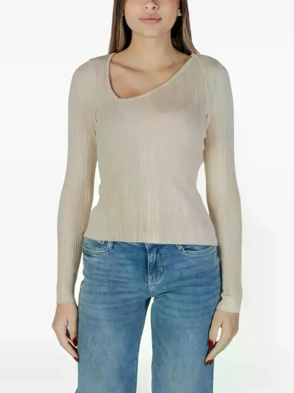 VILA Asymmetric-neck Ribbed-knit Top - Neutrals