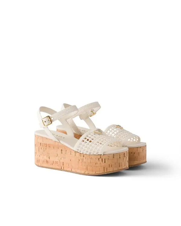 Prada Crochet Wedge Platform Sandals - Neutral