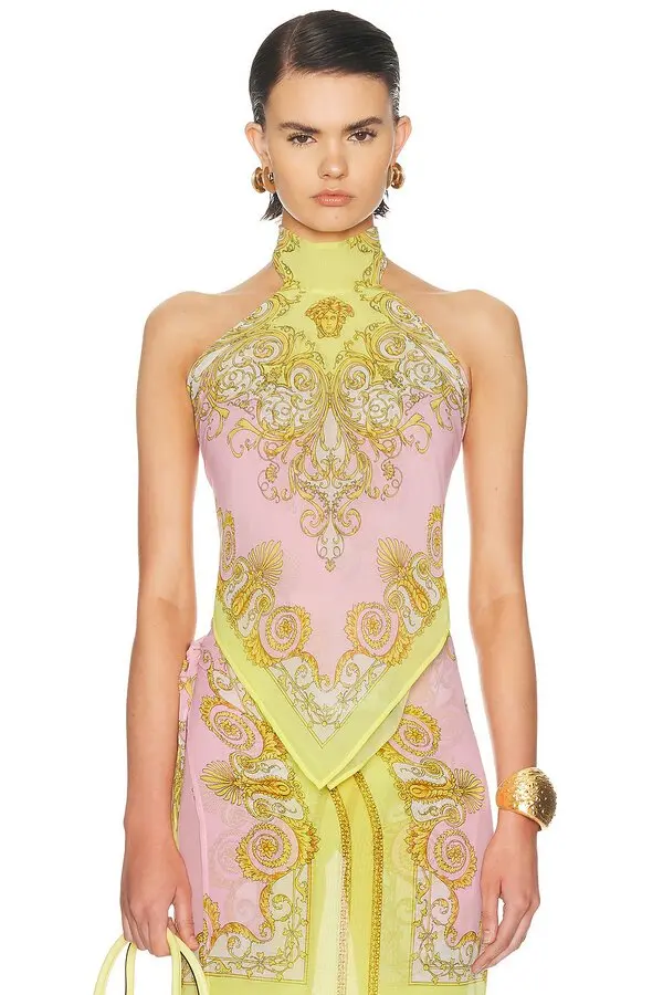 Versace Scarf Top In Pink,yellow - Pale Yellow & Rose Quartz
