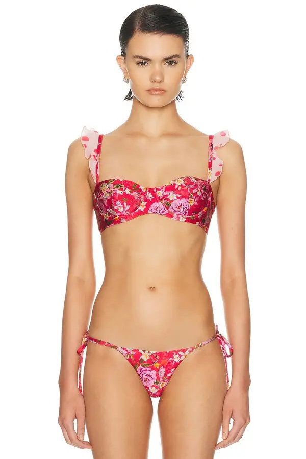 PatBO Peony Print Ruffle Bikini Top - Red