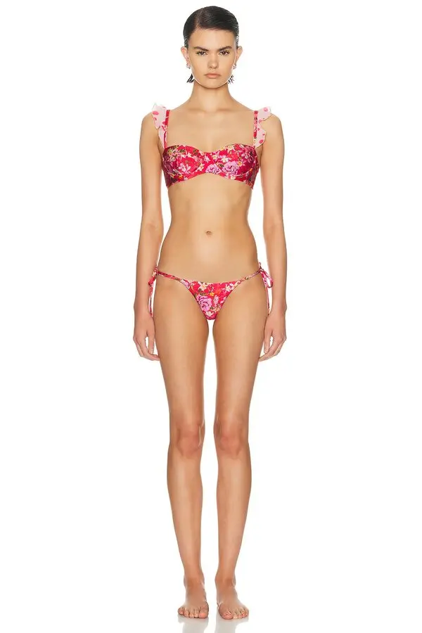 PatBO Peony Print Ruffle Bikini Top