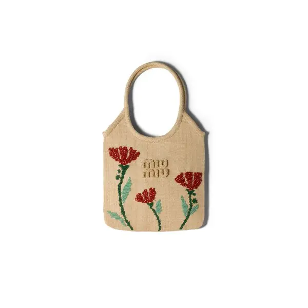 Miu Miu Ivy Raffia Handbag - Tan/red