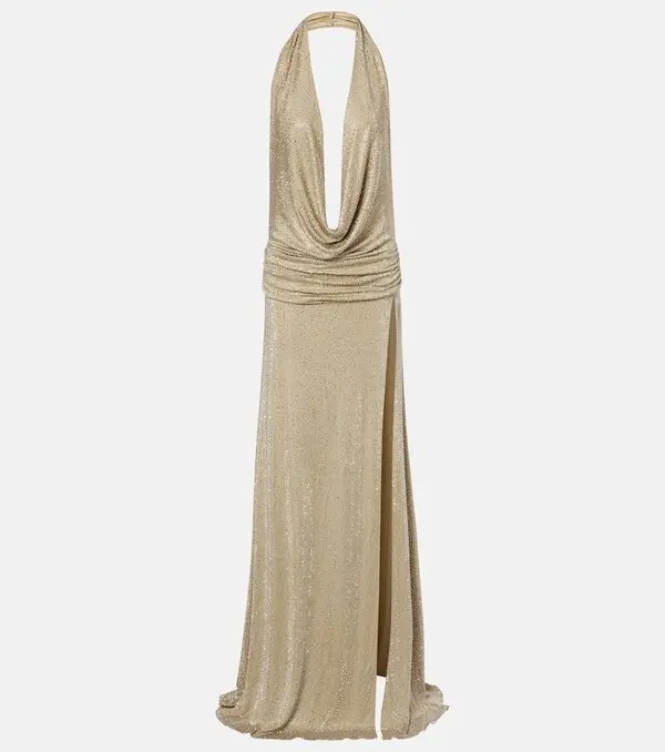 THE NEW ARRIVALS ILKYAZ OZEL Embellished Halterneck Gown - Green