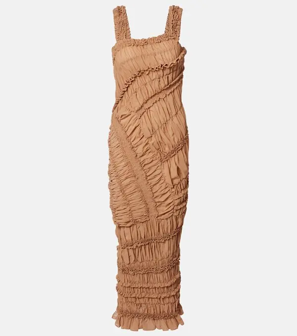 Magda Butrym Ruched Ruffled Cotton Midi Dress - Beige