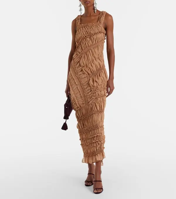 Magda Butrym Ruched Ruffled Cotton Midi Dress - Beige