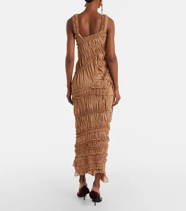 Magda Butrym Ruched Ruffled Cotton Midi Dress - Beige