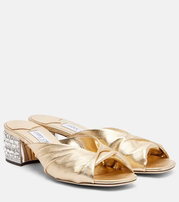 JIMMY CHOO Mala Embellished Metallic Leather Mules - Gold
