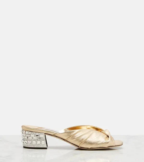 JIMMY CHOO Mala Embellished Metallic Leather Mules - Gold