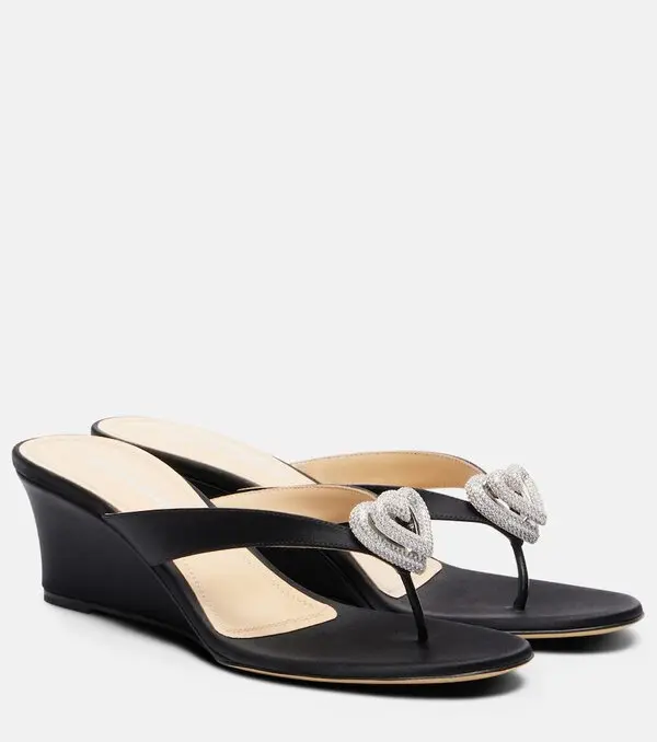 Mach & Mach Double Heart Wedge Thong Sandals - Black