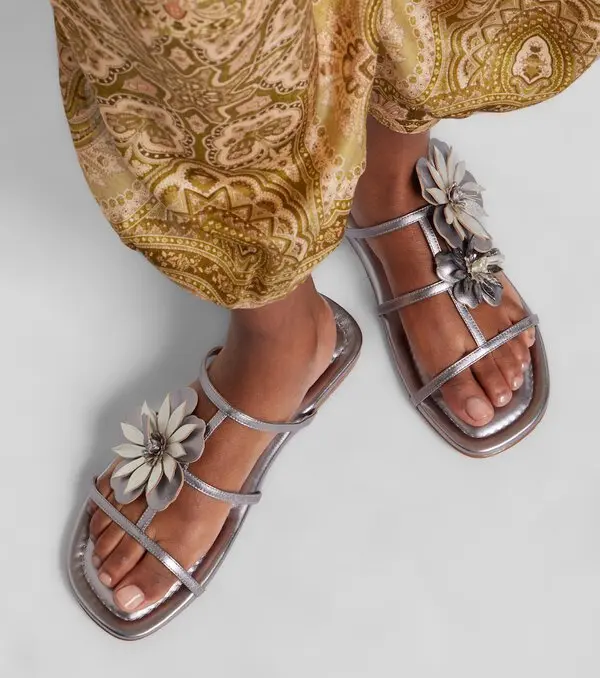 Zimmermann Floral-appliqué Metallic Leather Sandals