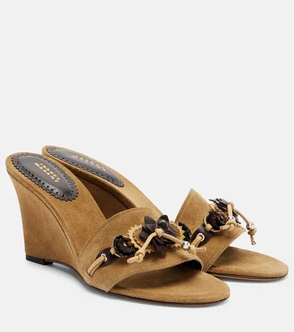 Isabel Marant Anee Embellished Suede Wedge Mules - Brown