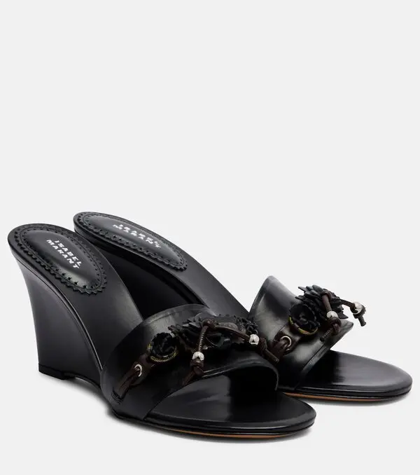 Isabel Marant Anee Embellished Leather Wedge Mules - Black