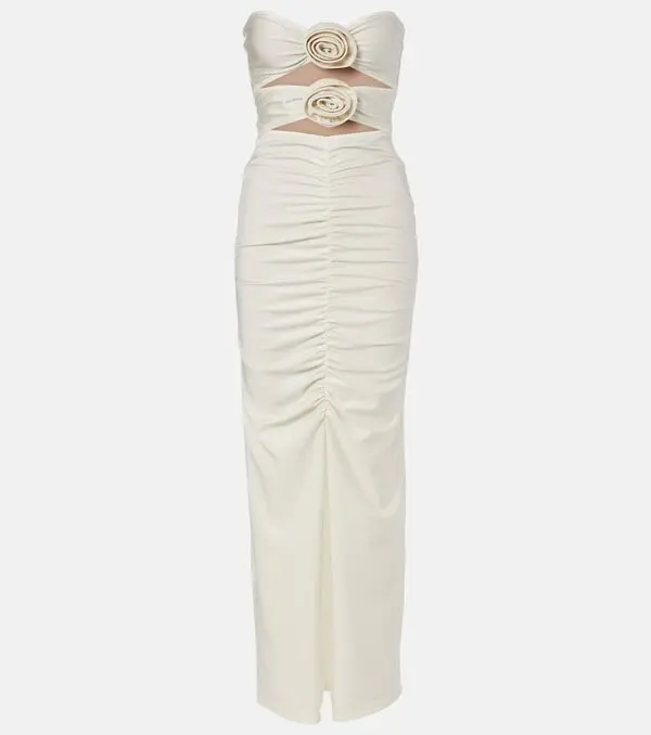 ADRIANA DEGREAS Cutout Floral-appliqué Ruched Maxi Dress - White