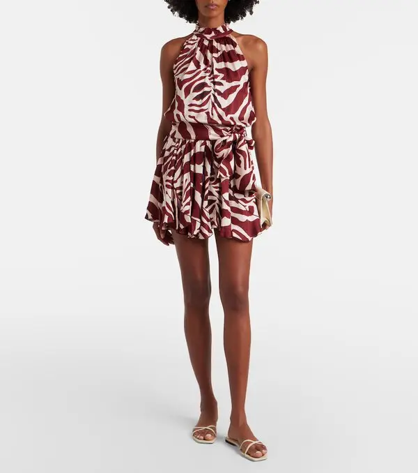 Poupette St Barth Bianca Printed Halterneck Satin Minidress - Brown