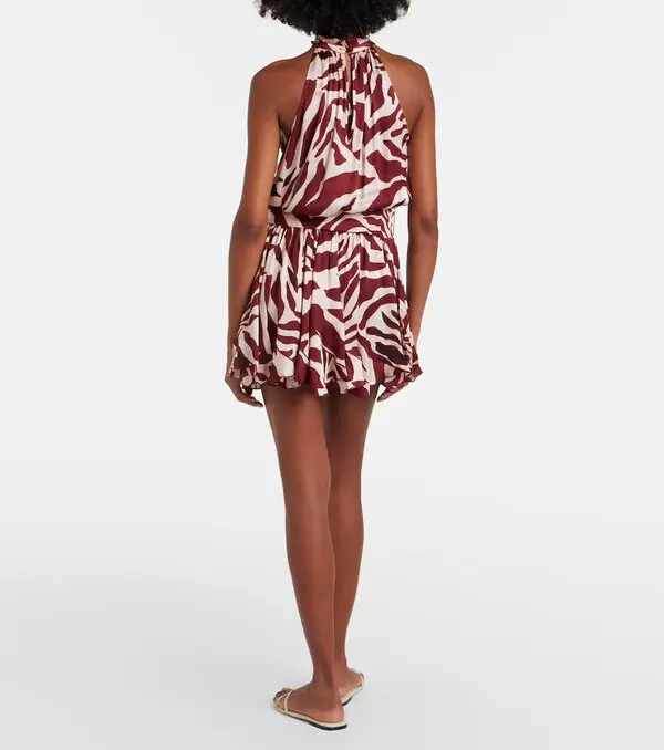 Poupette St Barth Bianca Printed Halterneck Satin Minidress - Brown