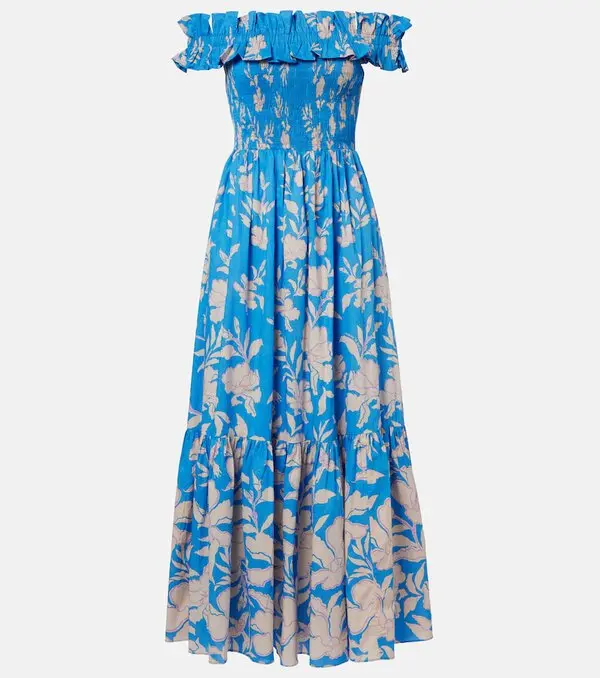 Poupette St Barth Suzanne Shirred Cotton Muslin Maxi Dress - Blue