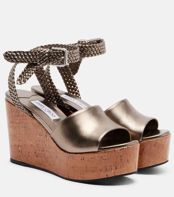 JIMMY CHOO Jory Metallic Leather Wedge Sandals - Grey