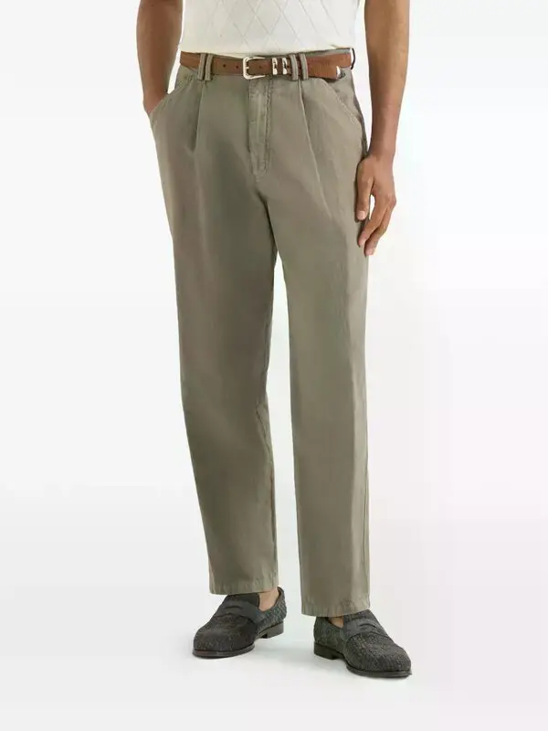 Brunello Cucinelli Garment-dyed Cotton And Linen Canvas Pleated Trousers - Green