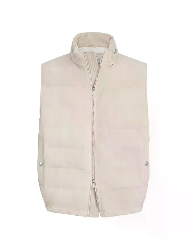 Brunello Cucinelli Quilted Suede Down Vest With Packable Hood - Neutrals