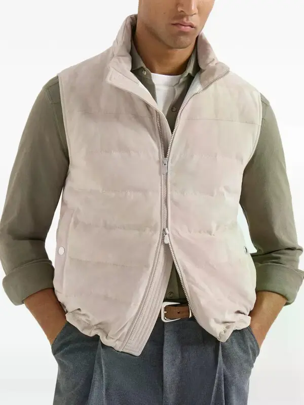 Brunello Cucinelli Quilted Suede Down Vest With Packable Hood - Neutrals