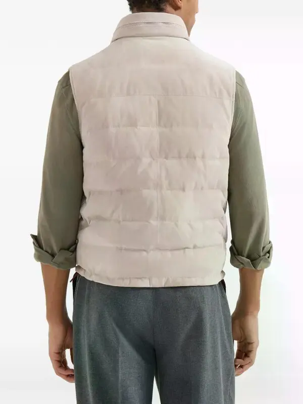 Brunello Cucinelli Quilted Suede Down Vest With Packable Hood - Neutrals