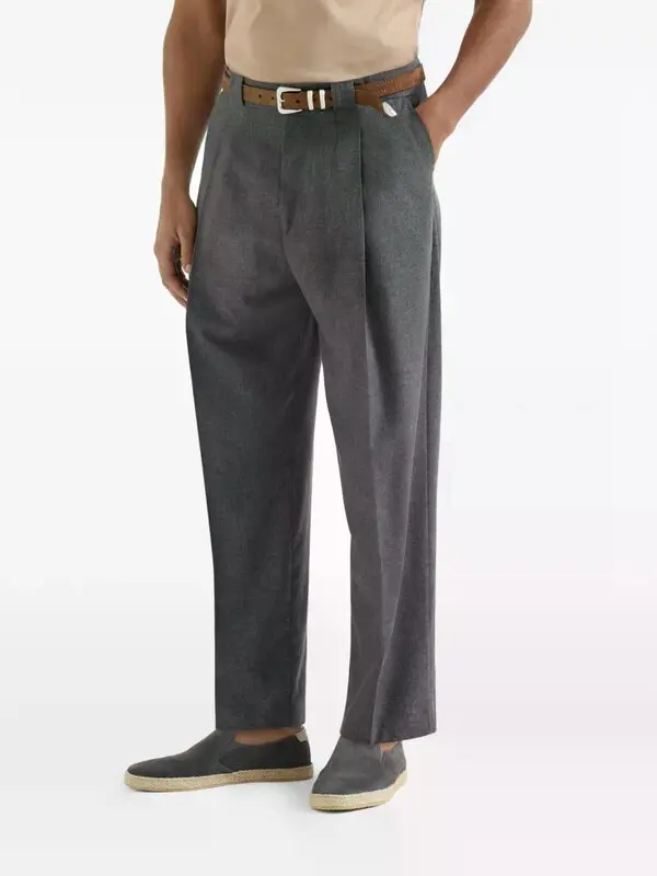 Brunello Cucinelli Virgin Wool, Cotton And Silk Mouliné Pleated Trousers - Grey