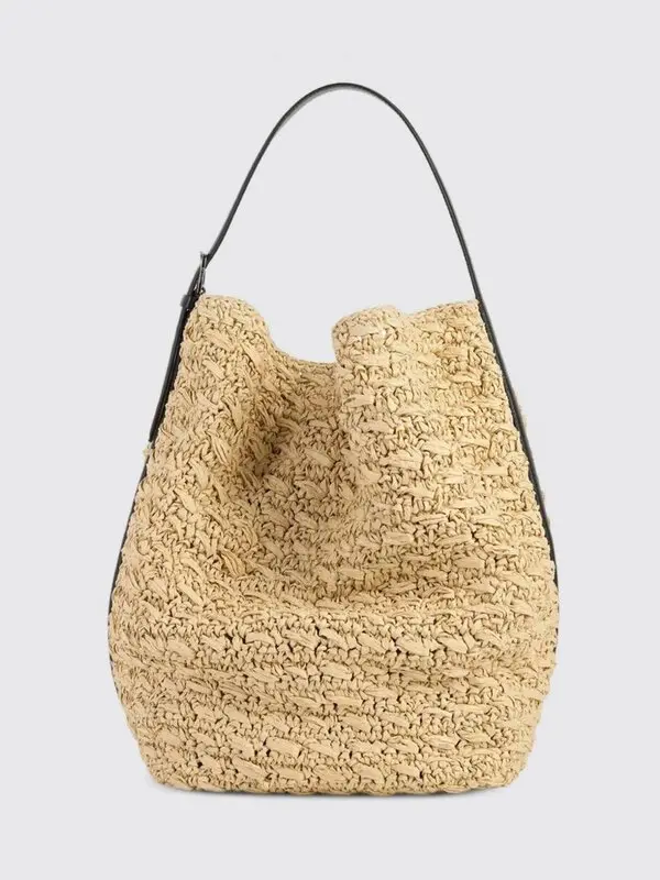 TOTEME Crochet Raffia Shoulder Bag With Leather Trim - Beige