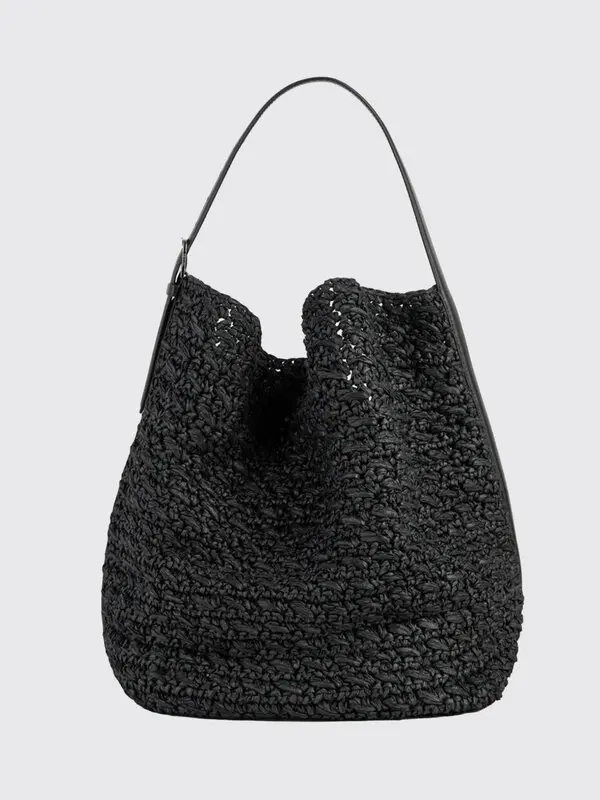 TOTEME Crochet Raffia Shoulder Bag With Leather Trim - Black
