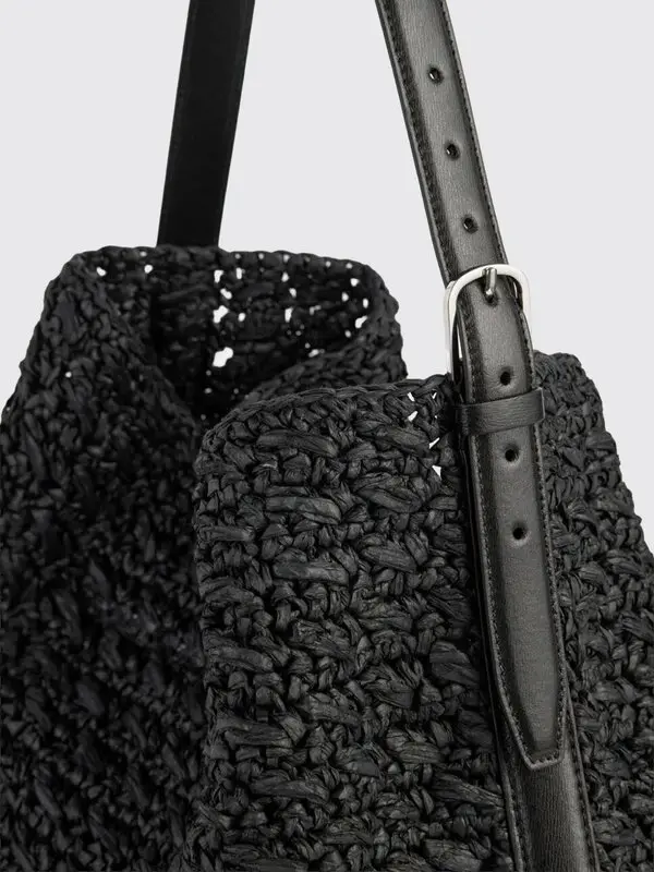 TOTEME Crochet Raffia Shoulder Bag With Leather Trim - Black