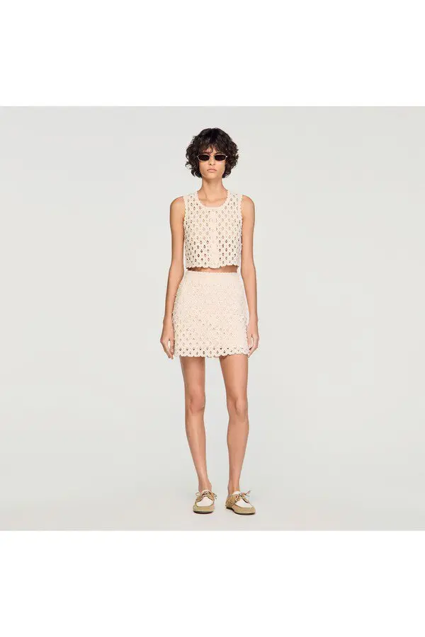 Sandro Beaded Crochet Knit Top - Neutral / White
