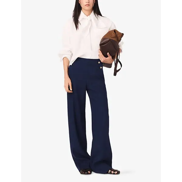 Maje Wide-leg Linen-blend Trousers - Navy