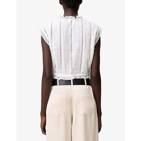 Claudie Pierlot Cropped Lace-trim Cotton-blend Blouse