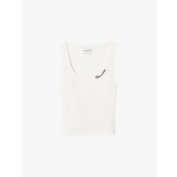Claudie Pierlot Ribbed Stretch-cotton Tank Top With Embroidery - Ecru