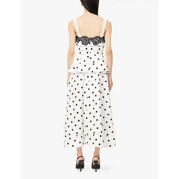 SELF-PORTRAIT Polka-dot Peplum-waist Midi Dress - White