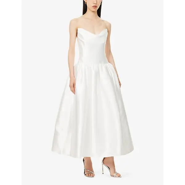 SELF-PORTRAIT Peaked-neck Strapless Taffeta Midi Dress